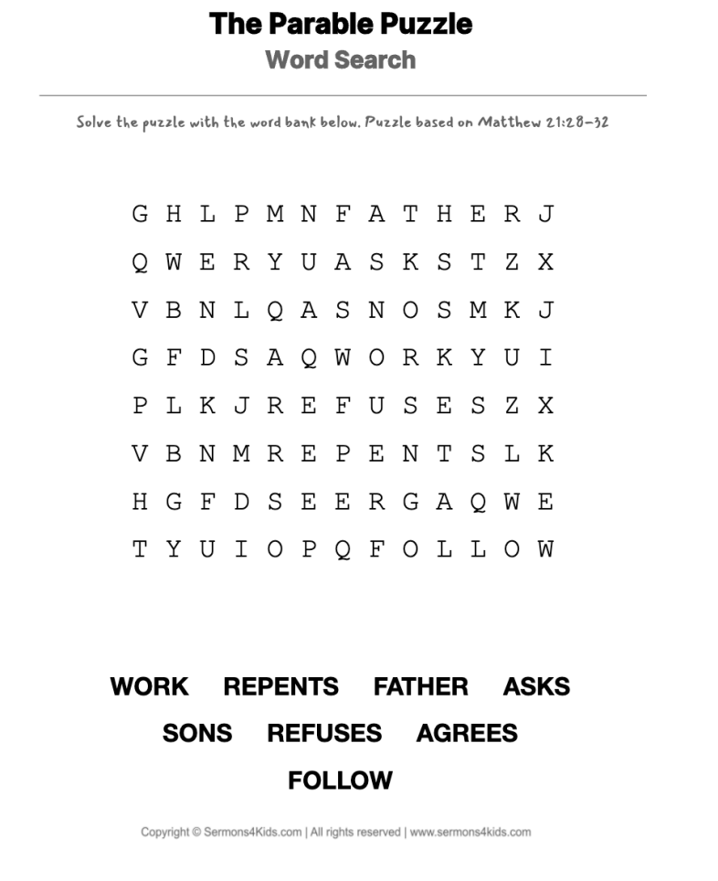 Working for the Reward word-search | Children's Sermons from Sermons4K...