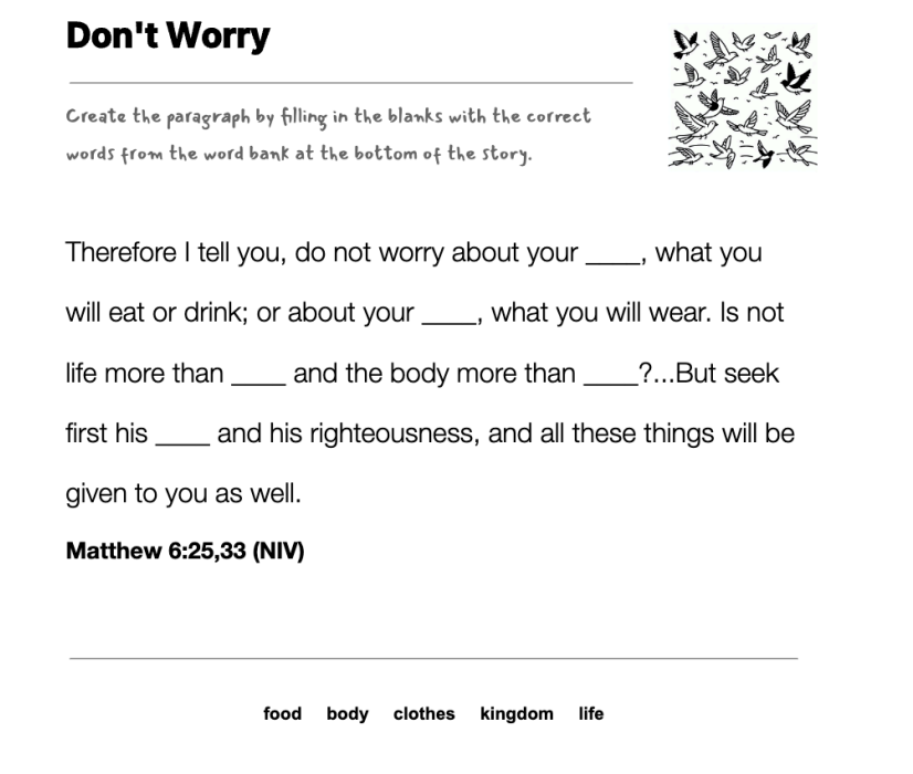 Don't Worry fill-in-the-blank | Children's Sermons from Sermons4Kids.c...