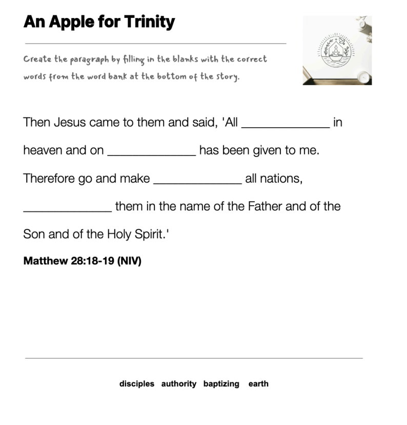 An Apple for Trinity fill-in-the-blank | Children's Sermons from Sermo...