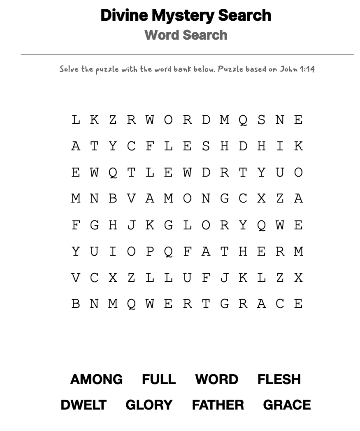 Jesus Dwelling Among Us word-search | Children's Sermons from Sermons4...