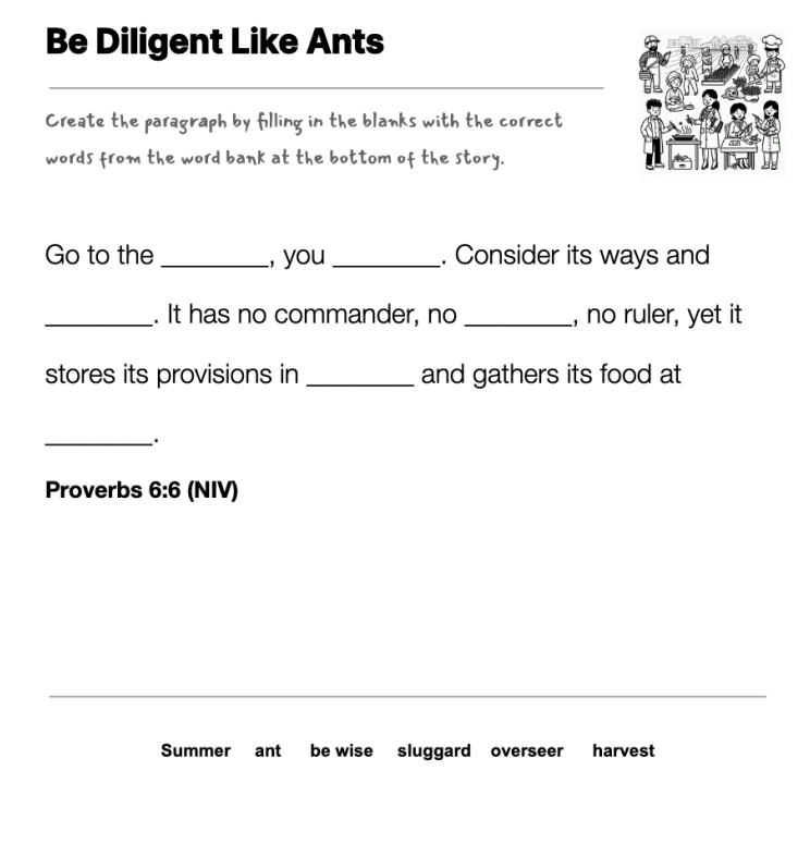 Be Diligent Like Ants fill-in-the-blank | Children's Sermons from Serm...