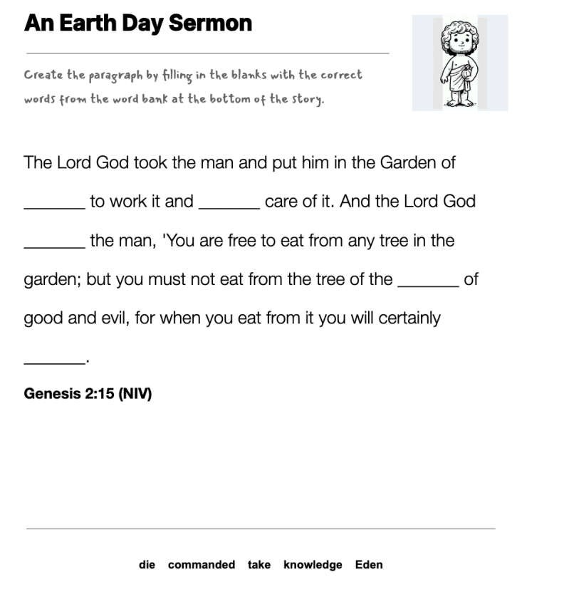Earth Day Fill in the Blanks | Children's Sermons from Sermons4Kids.co...