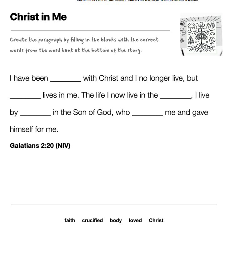 Christ in Me fill-in-the-blank | Children's Sermons from Sermons4Kids....