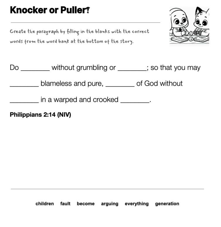 Knocker or Puller? fill-in-the-blank | Children's Sermons from Sermons...