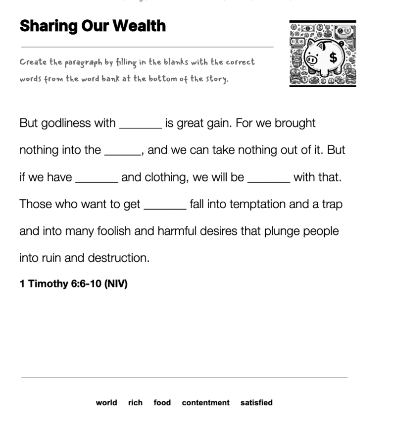 Sharing Our Wealth fill-in-the-blank | Children's Sermons from Sermons...