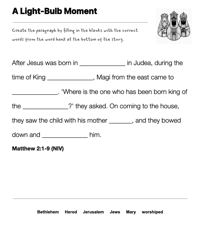 A Light-Bulb Moment fill-in-the-blank | Children's Sermons from Sermon...