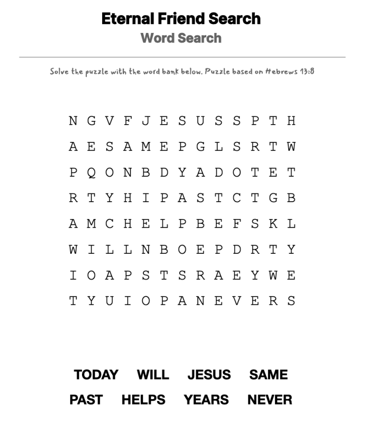 Jesus Never Changes word-search | Children's Sermons from Sermons4Kids...